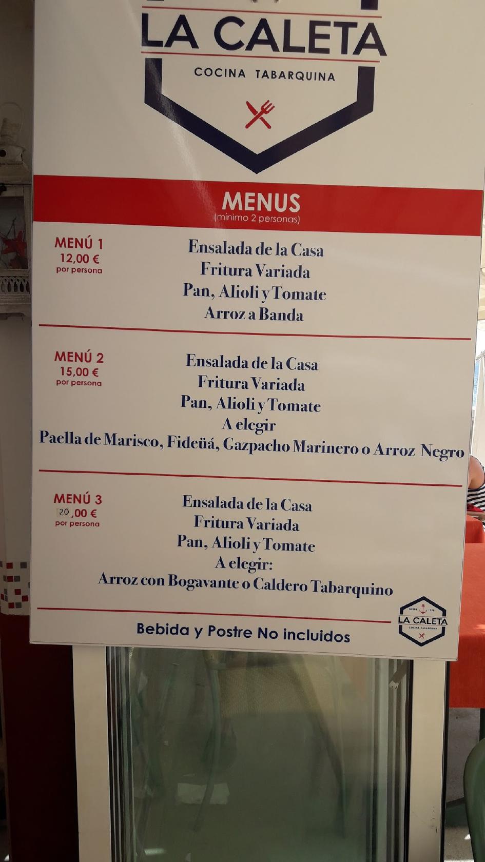 Menu at Restaurant La Caleta, Tabarca