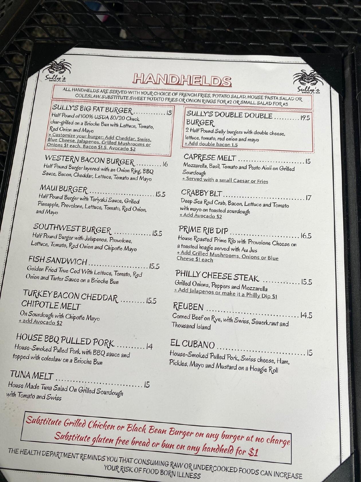 Menu at Sully's Bistro & Bar, Suquamish