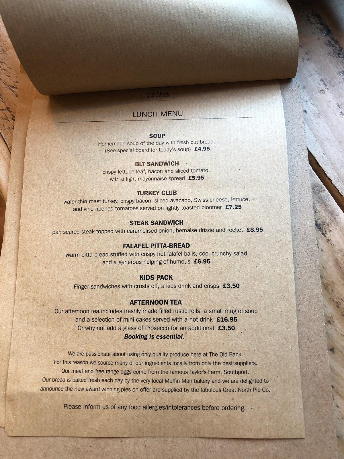 Menu at The Old Bank Coffee & Wine Bar, Wigan