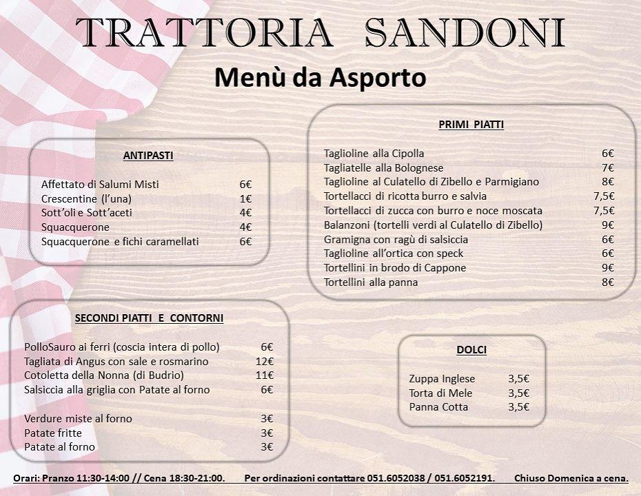 Menu da Trattoria Sandoni ristorante, San Lazzaro di Savena, Via Fonda
