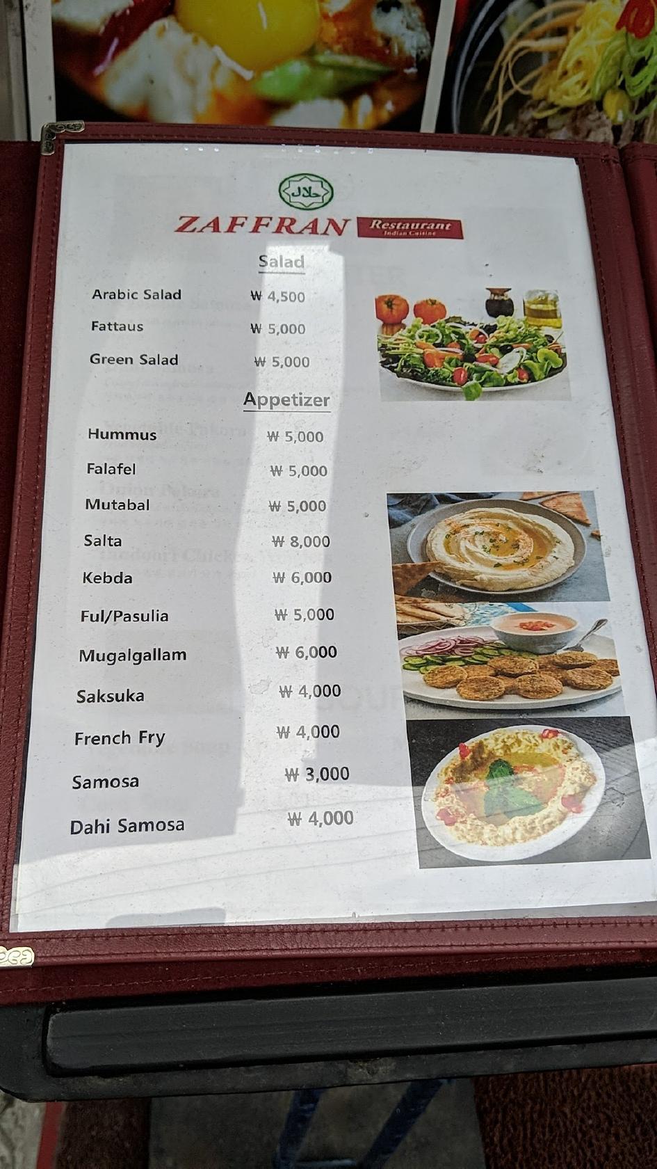 Menu at Zafran Restaurant, Seoul, 732-188 Itaewon-dong