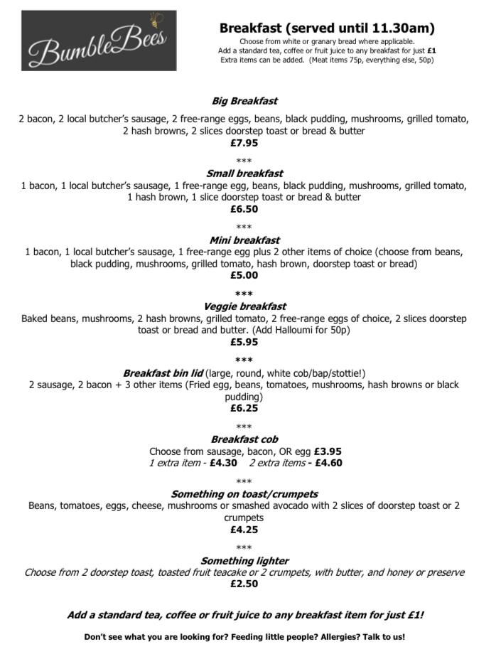 Menu at Bumblebees, Derby