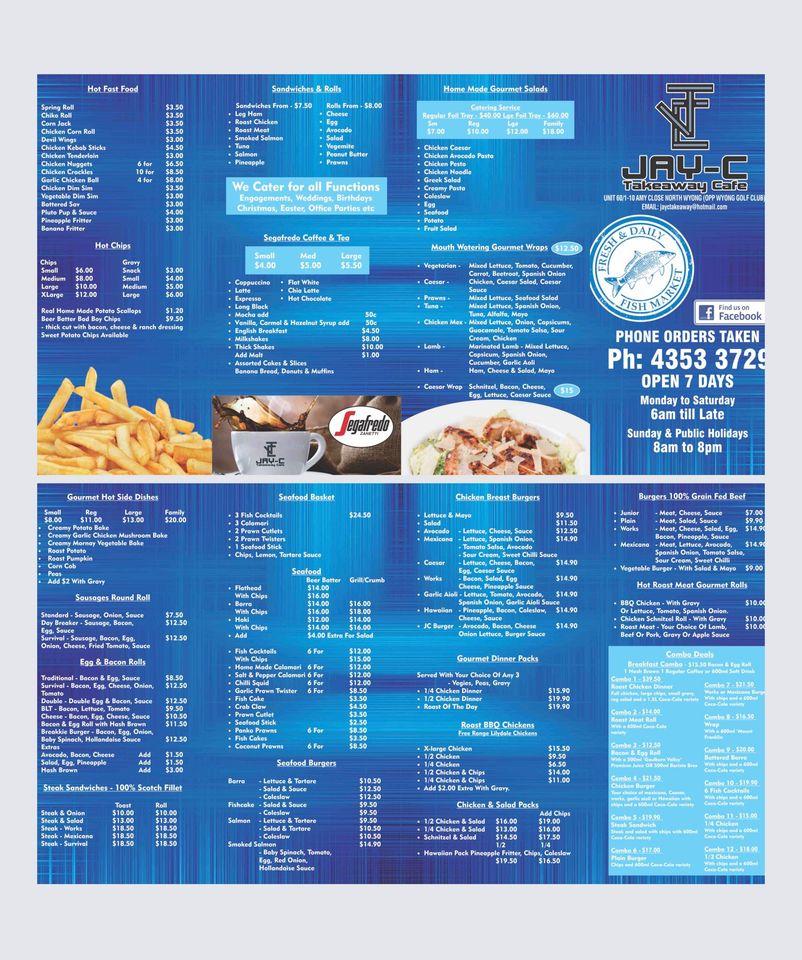 Menu at JAY-C fast food, Wyong