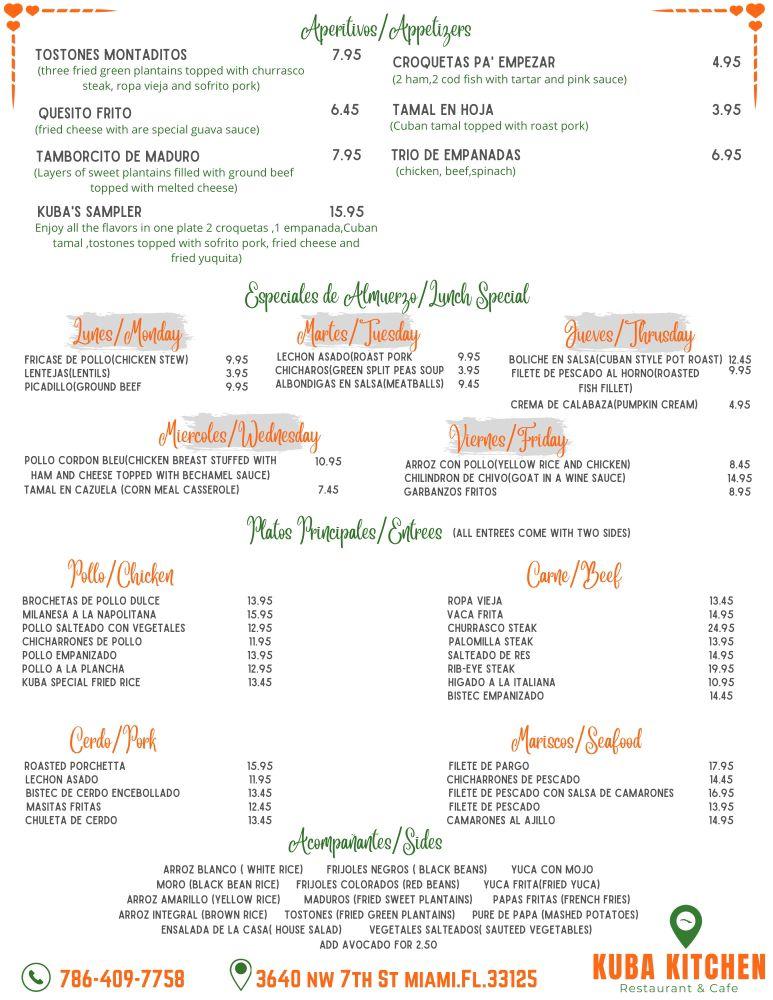 Menu at Kuba Kitchen restaurant, Miami