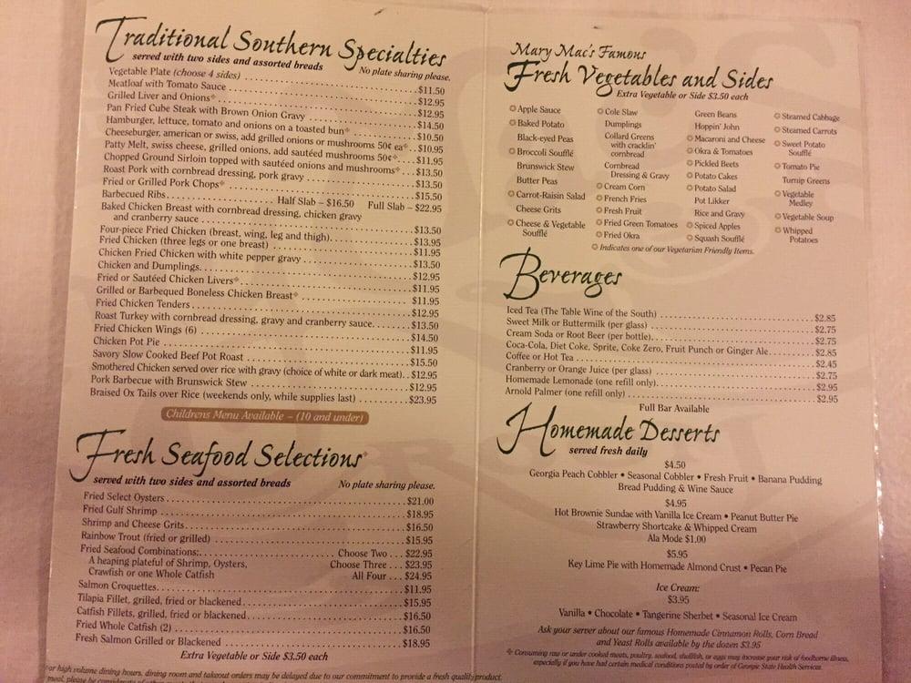 Menu at Mary Mac's Tea Room pub & bar, Atlanta