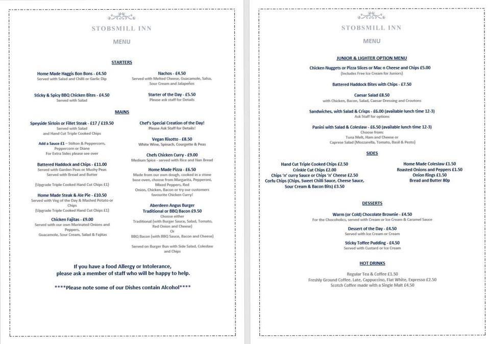 Menu at Stobsmill Inn & Brunton’s Restaurant, Gorebridge