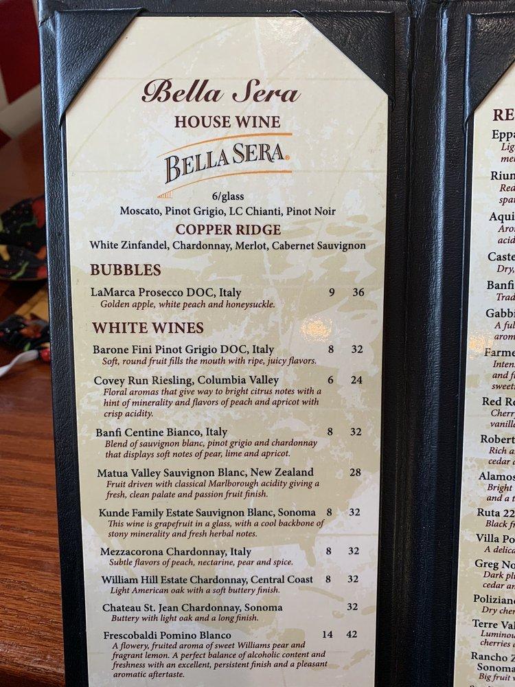 Menu at Bella Sera of Fredericksburg Texas restaurant, Fredericksburg