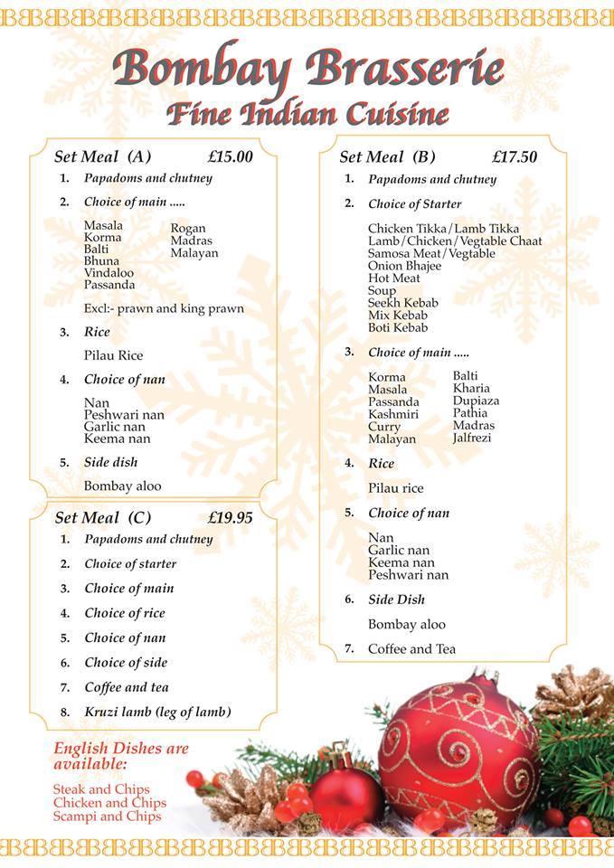 Menu at Bombay Brasserie restaurant, Grantham