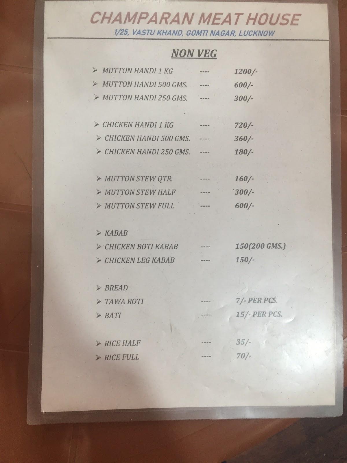 Menu at Champaran Meat House, Lucknow, 1