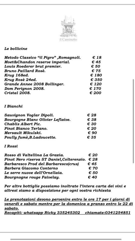 Menu da il Caminetto WineBar Ristorante, Lecco