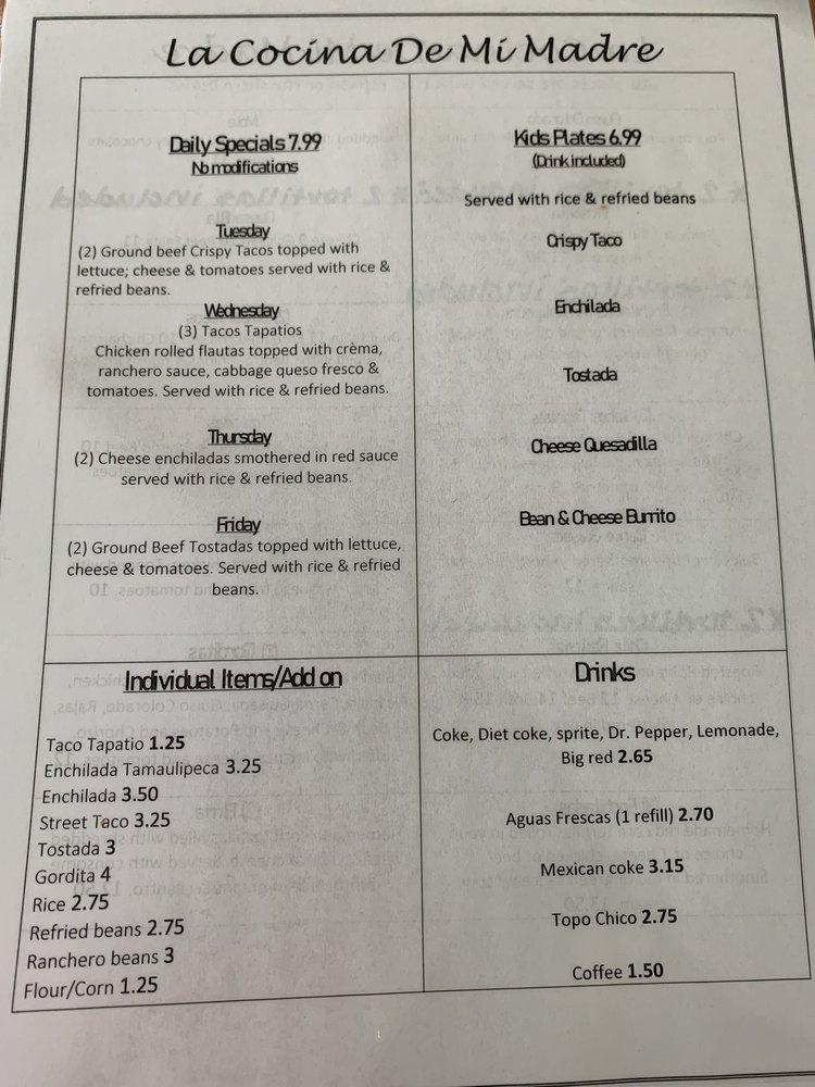 Menu at La Cocina de mi Madre restaurant, Abilene