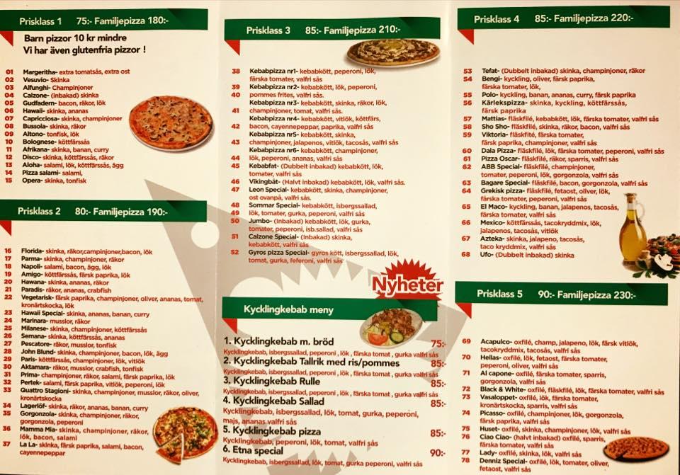 Menu at Pizzeria Etna, Ludvika
