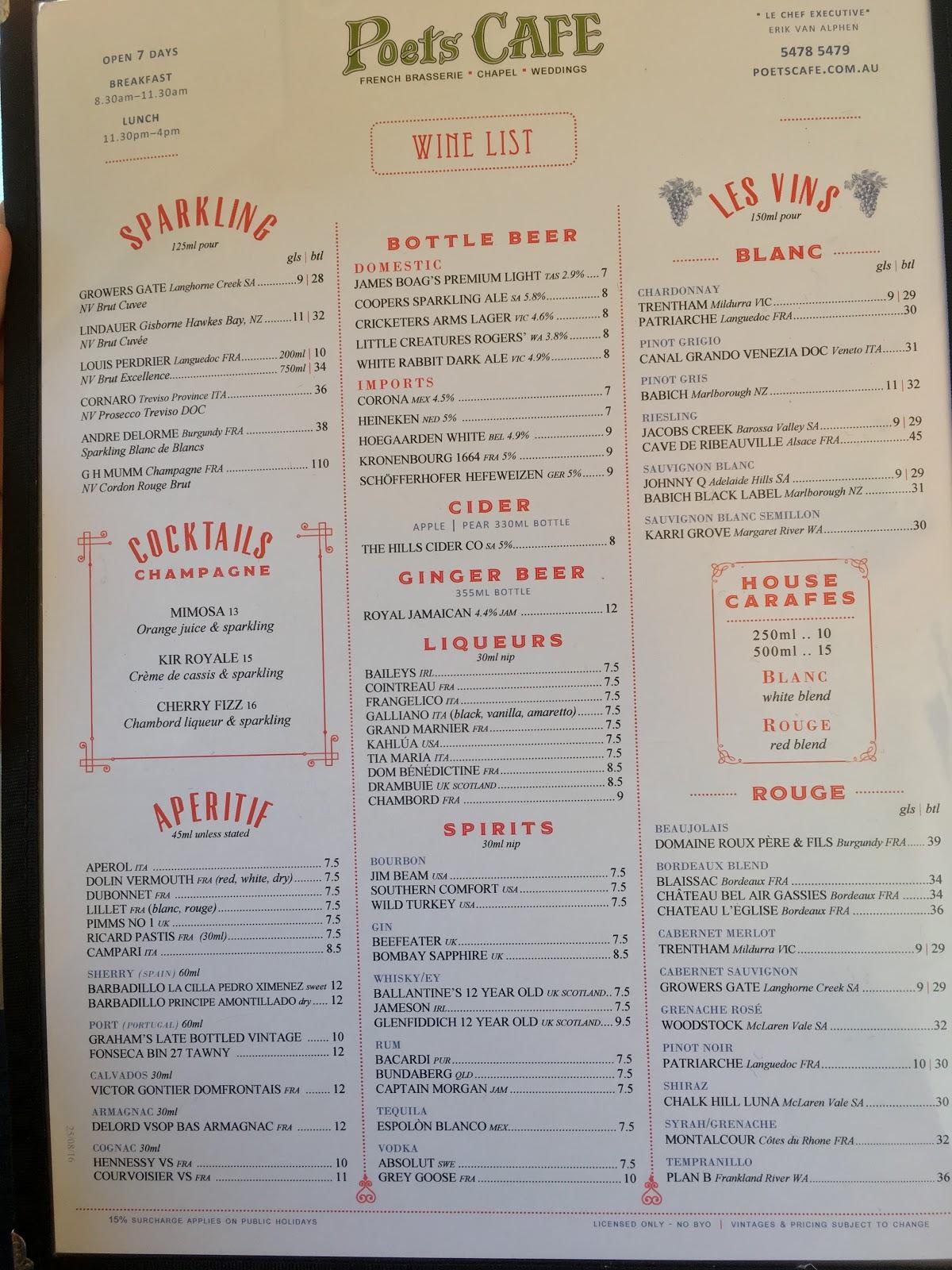 Menu at Poets Cafe, Montville
