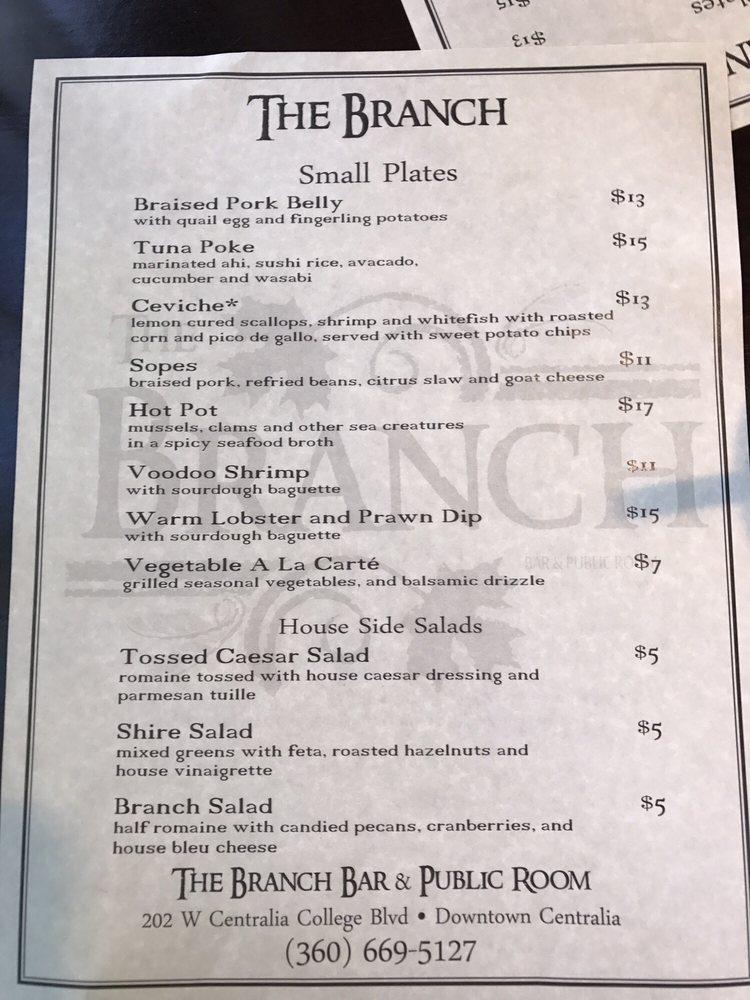 Menu at The Branch Bar & Public Room, Centralia