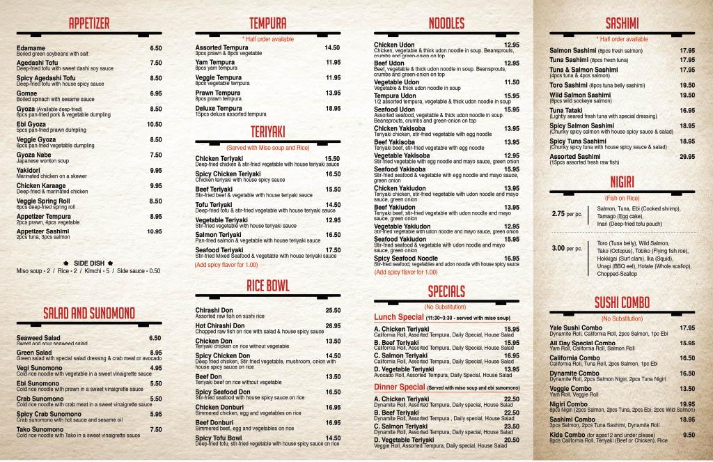 Menu at Yale Sushi restaurant, Chilliwack