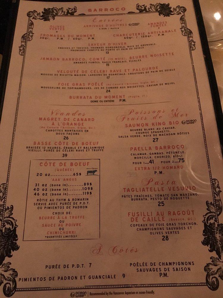 Menu at BARROCO, Montreal