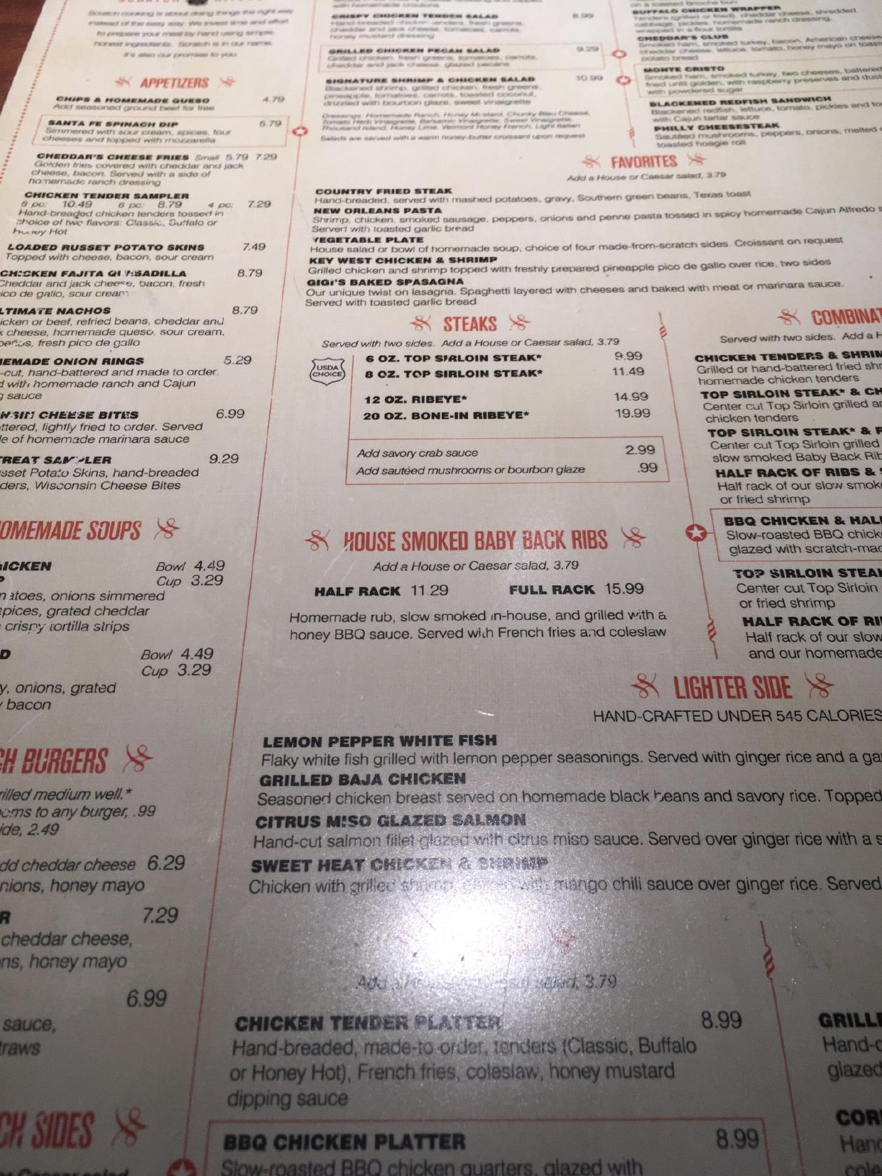 Menu at Cheddar's Scratch Kitchen restaurant, San Antonio, I-10