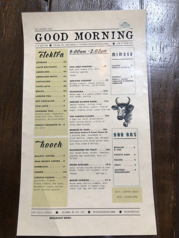 Menu at Curious Cafe, Kelowna