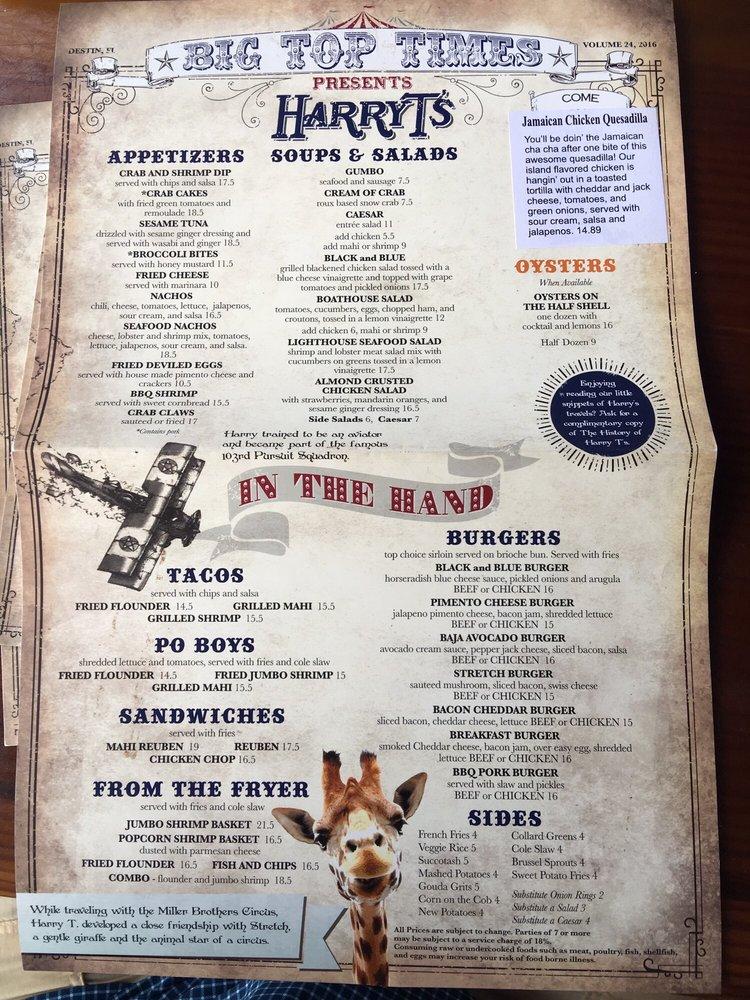 Menu at Harry T's pub & bar, Destin