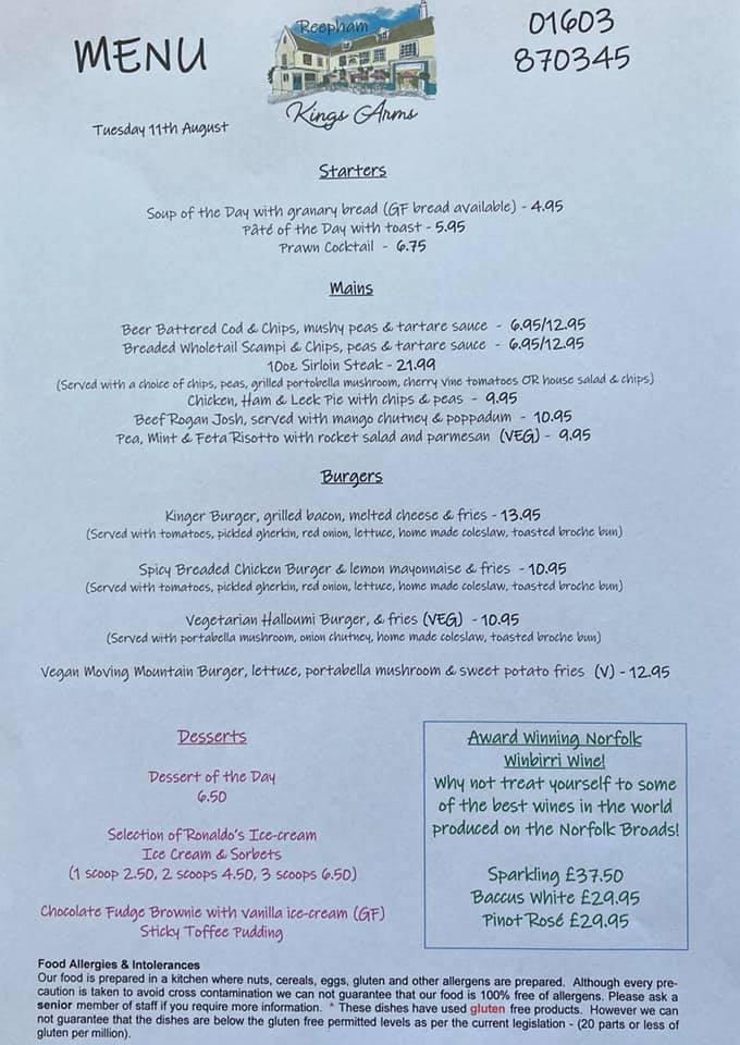 Menu at Kings Arms pub & bar, Cawston