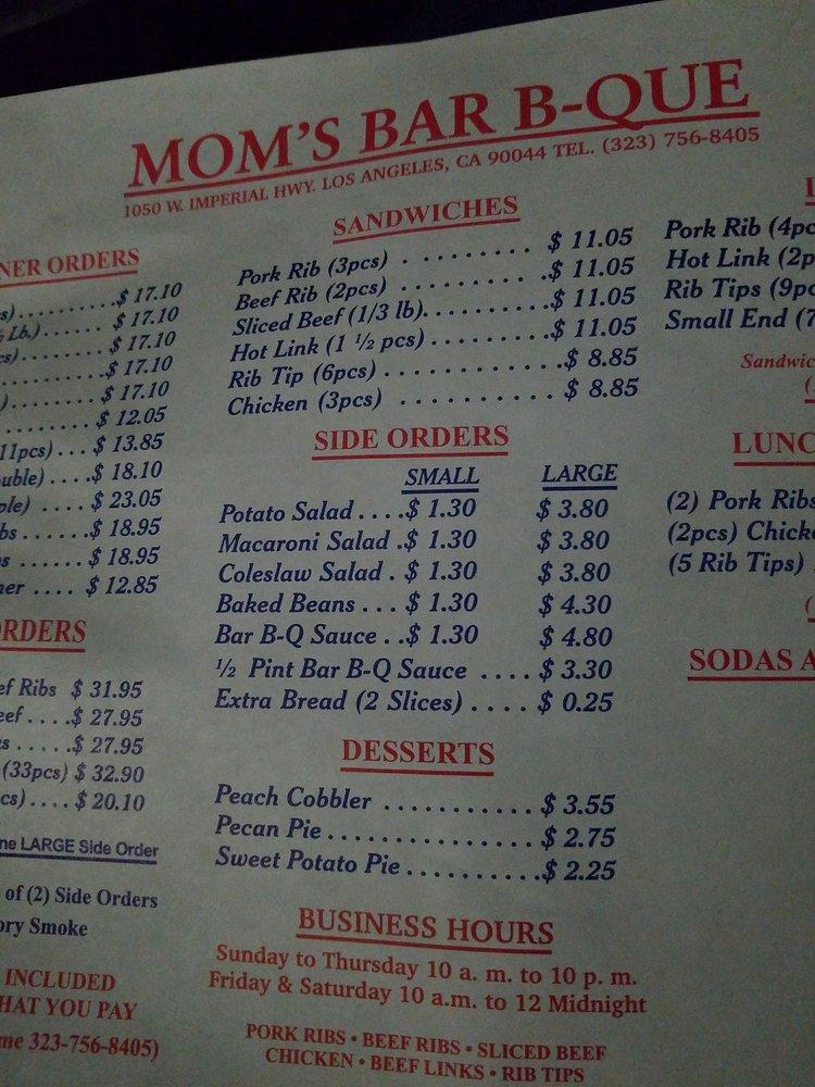 Menu at Mom's Bar-B-Q, Los Angeles