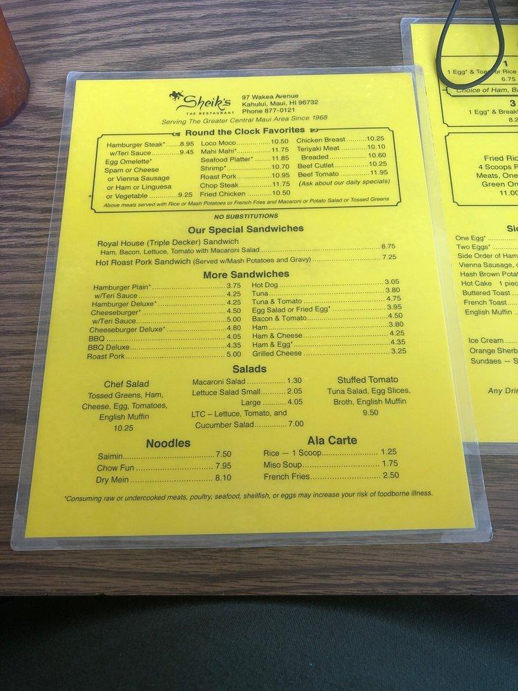 Menu at Sheik's Restaurant, Kahului