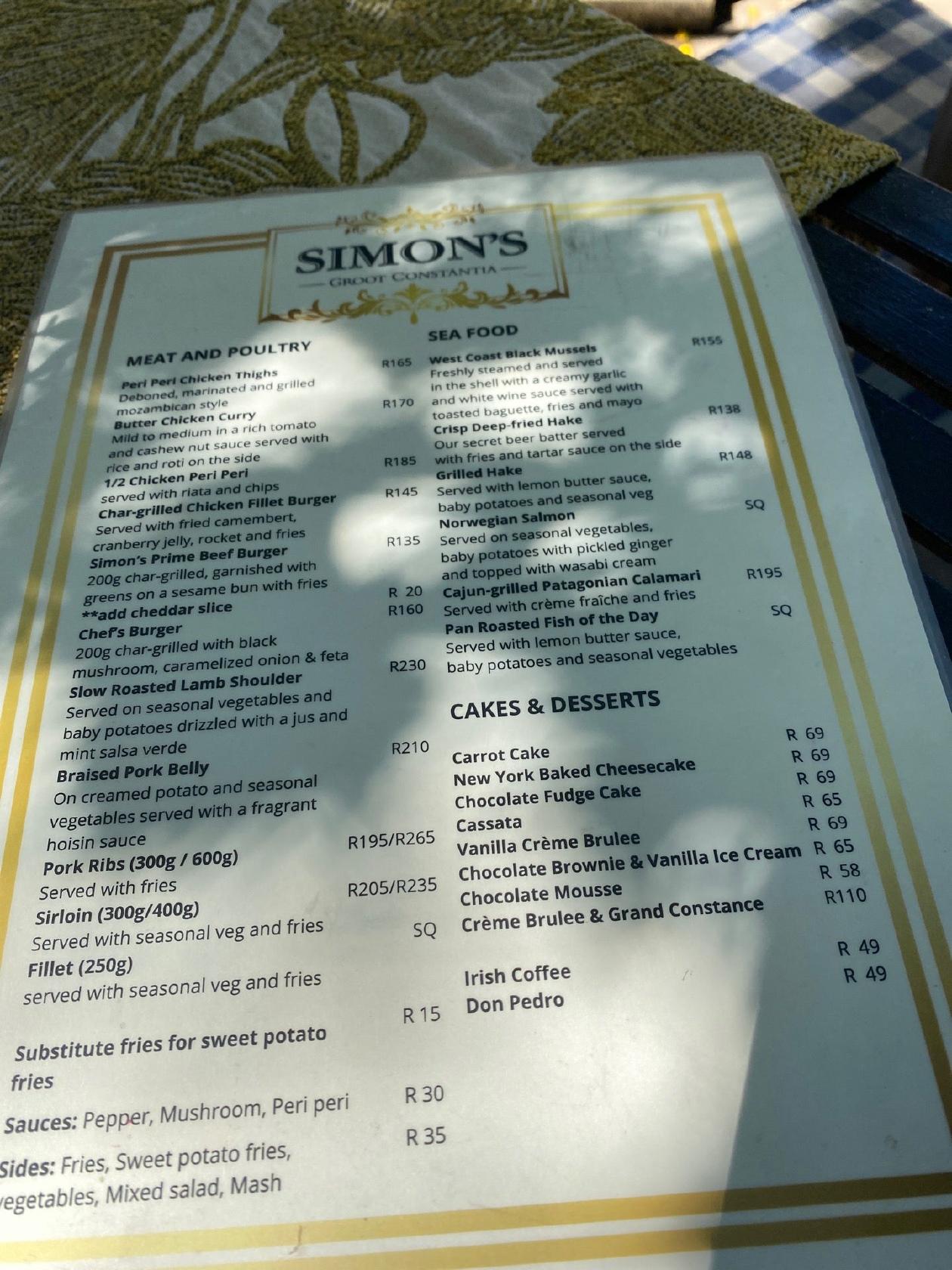 Menu at Simon's Restaurant, Cape Town