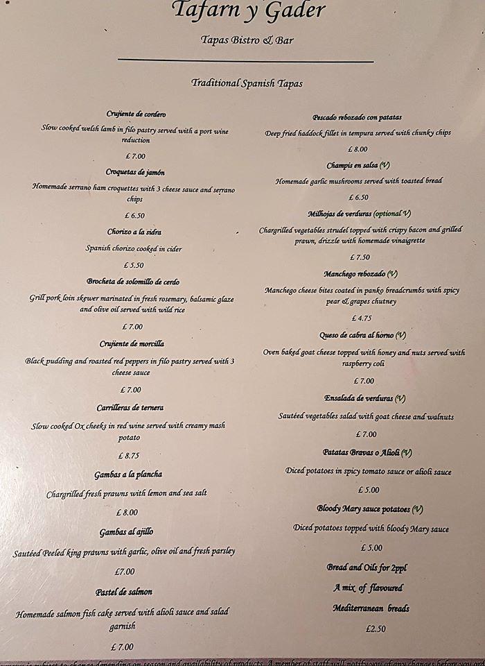 Menu at Tafarn Y Gader pub & bar, Dolgellau