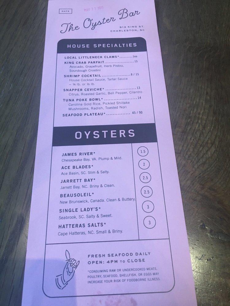 Menu at The Darling Oyster Bar, Charleston