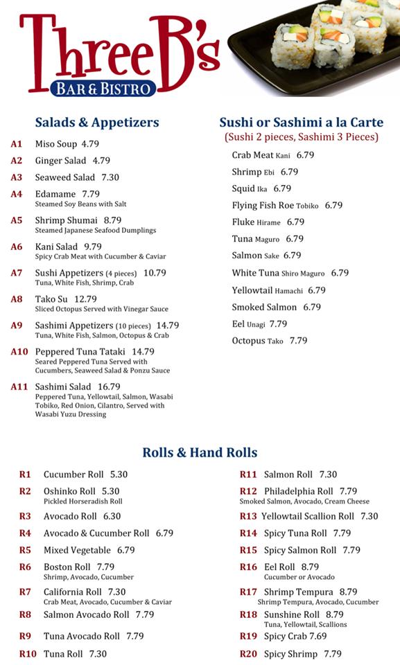 Menu at Three B's Bar and Bistro, Lakehurst