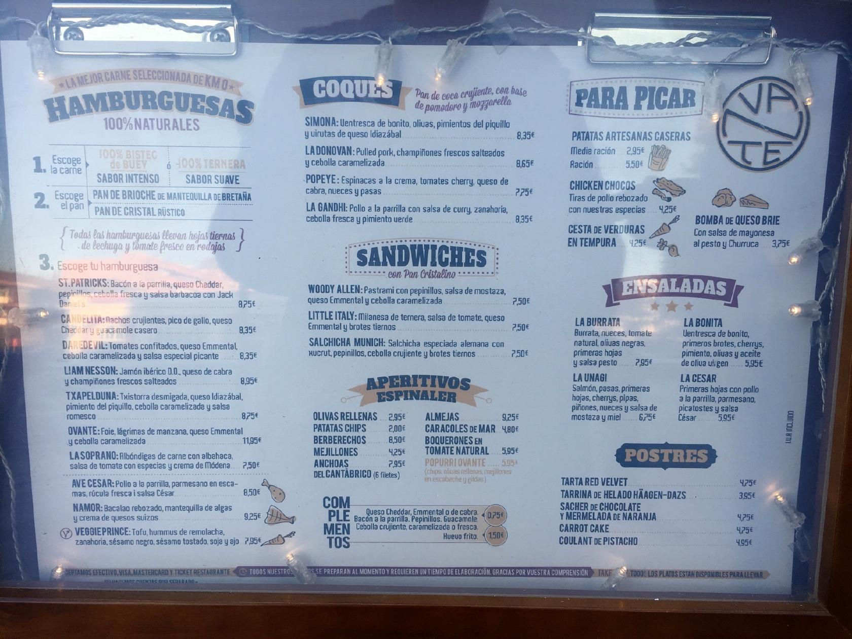 Carta de cafetería Ovante, Barcelona