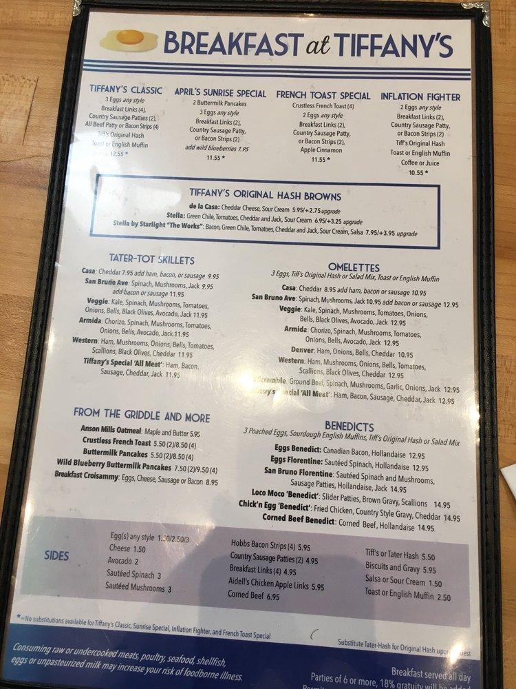 Menu at Breakfast At Tiffany's restaurant, San Francisco