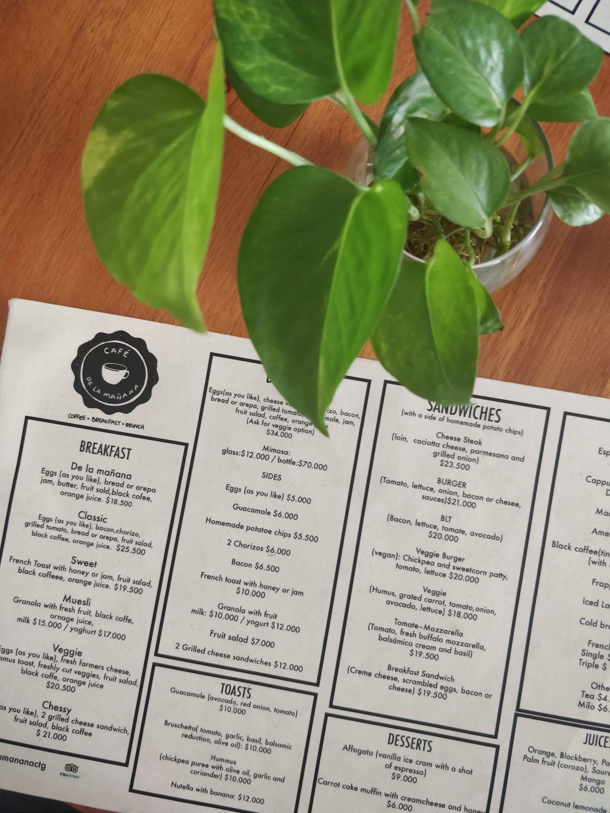 Menu at Café de la Mañana, Cartagena, calle Estanco del Aguardiente #05-80