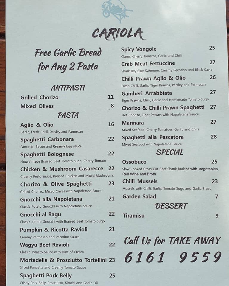 Menu at Cariola restaurant, North Perth