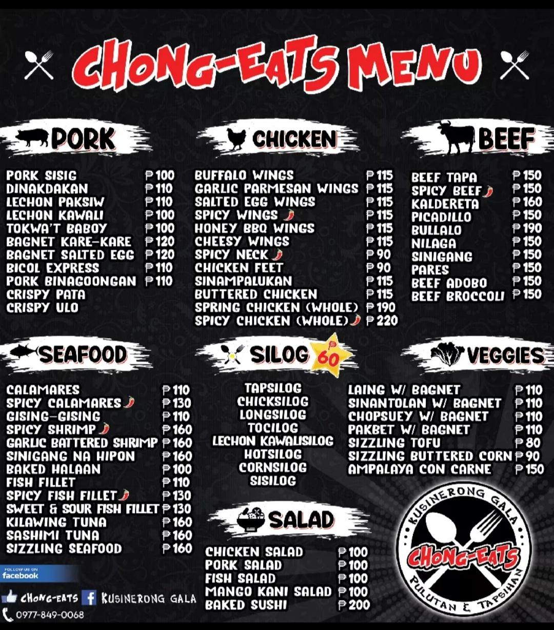 Menu at Chong-Eats Pulutan & Tapsihan restaurant, Plaridel