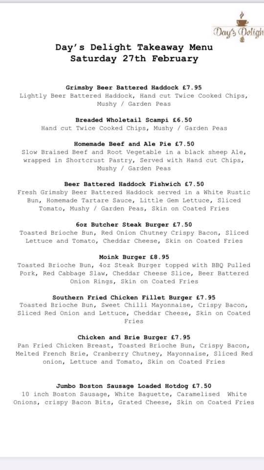 Menu at Day's Delights cafe, Grimsby
