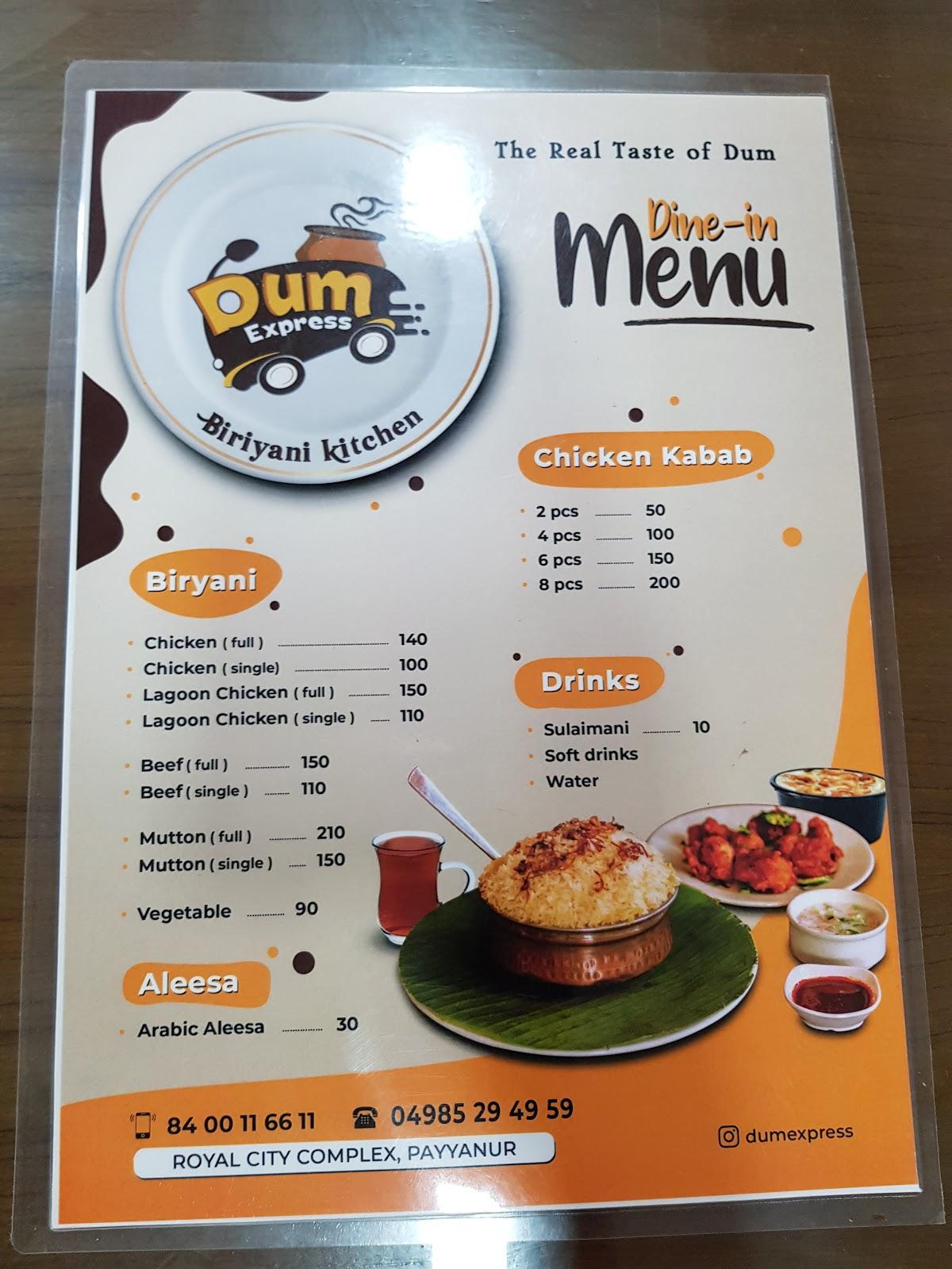 Menu at Dum Express, Payyanur
