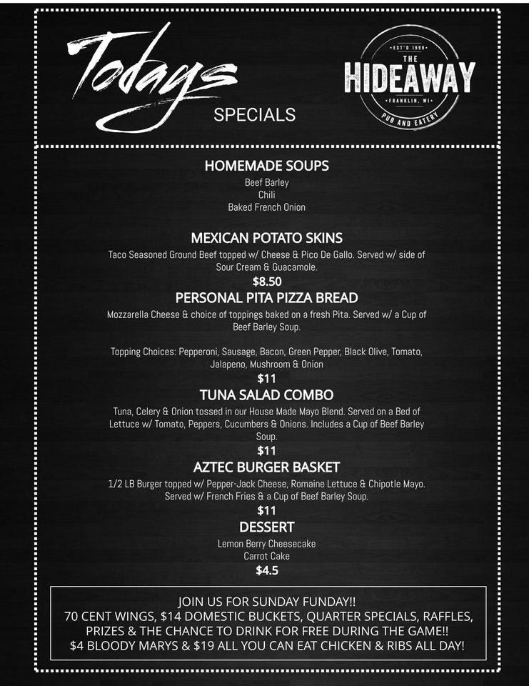 Menu at Hideaway Pub & Eatery, Franklin