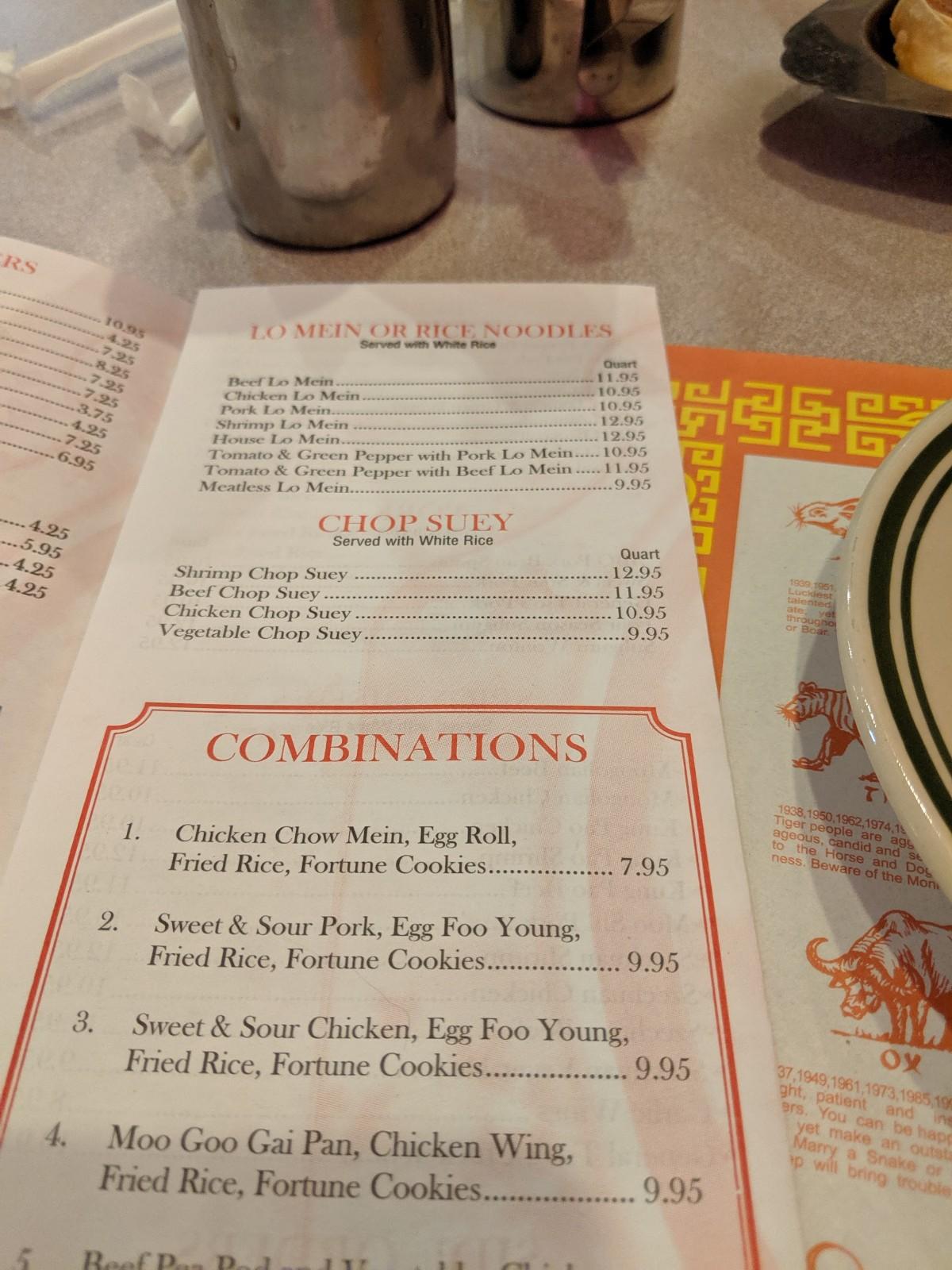 Menu at Kam Wong's Chow Mein restaurant, Anoka