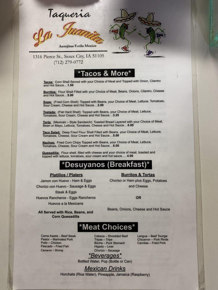 Menu at La Juanita restaurant, Sioux City, Pierce St