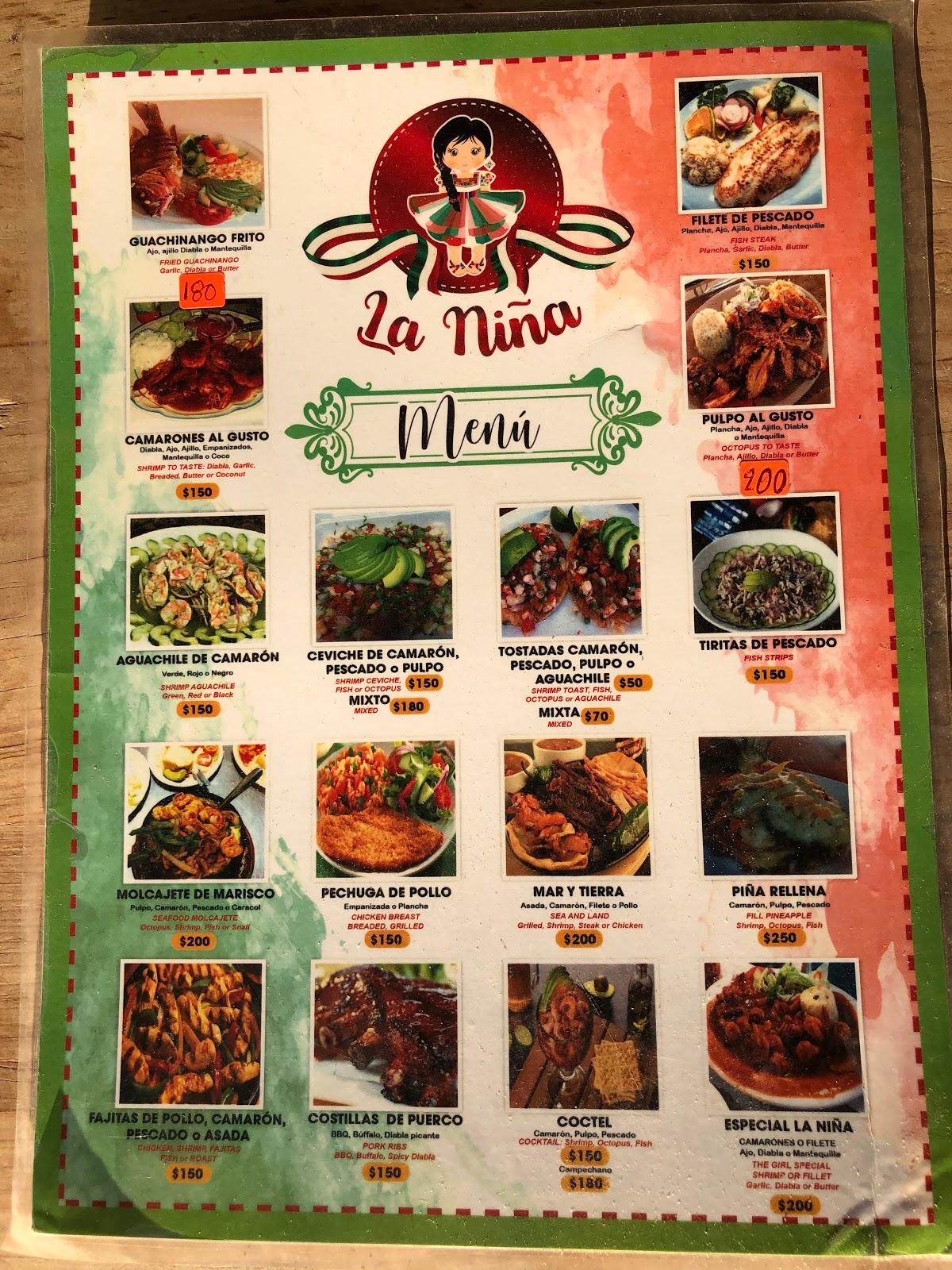 Menu at La Niña restaurant, Sayulita
