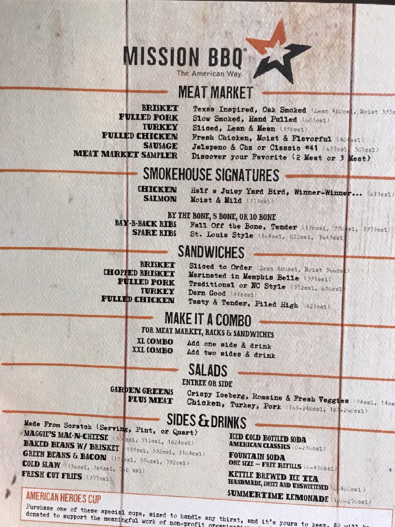 Menu at MISSION BBQ, North Myrtle Beach