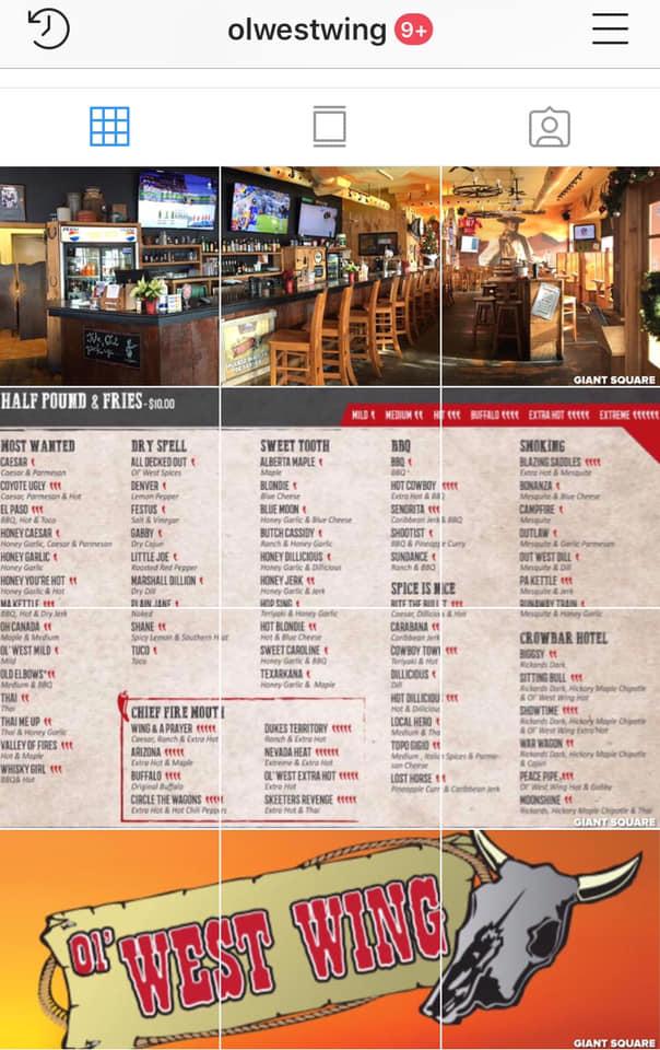 Menu at Ol' West Wing restaurant, Barrie, 211 Ferndale Dr S