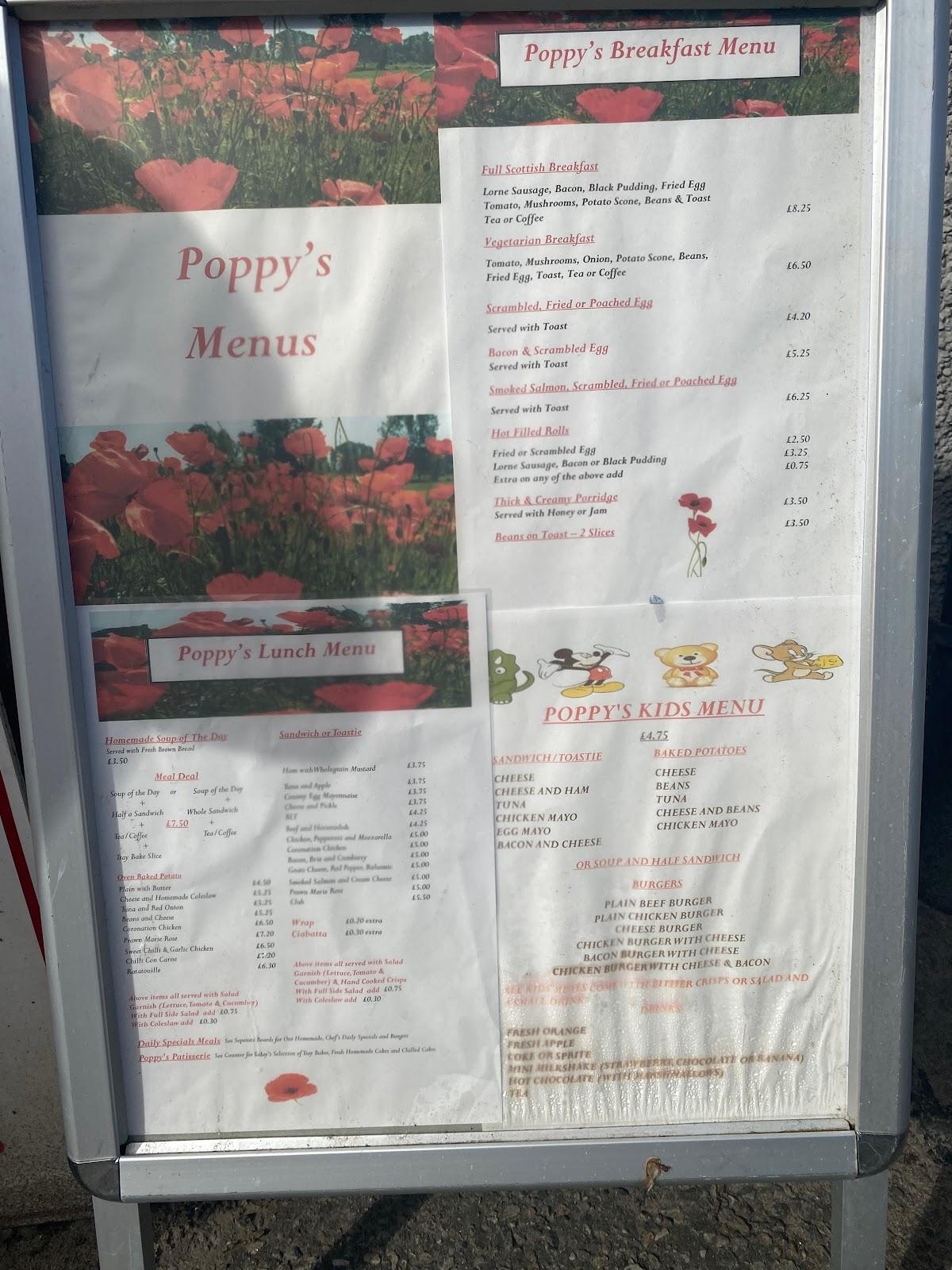 Menu at Poppy's Coffee Shop cafe, Golspie