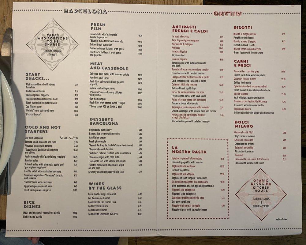 Menu at Restaurant BarcelonaMilano, Barcelona, C. de Villarroel