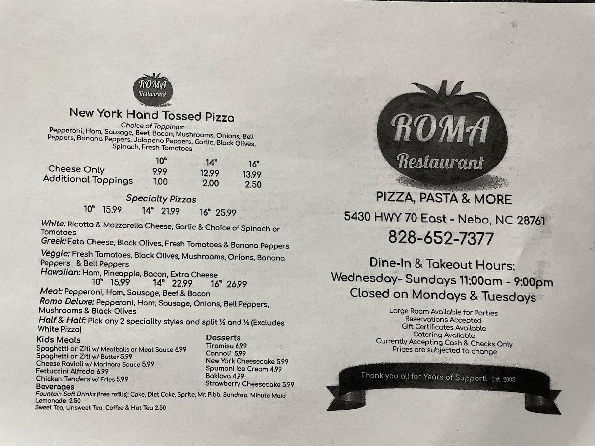 Menu at Roma Restaurant Pizza, Pasta, & More, Nebo