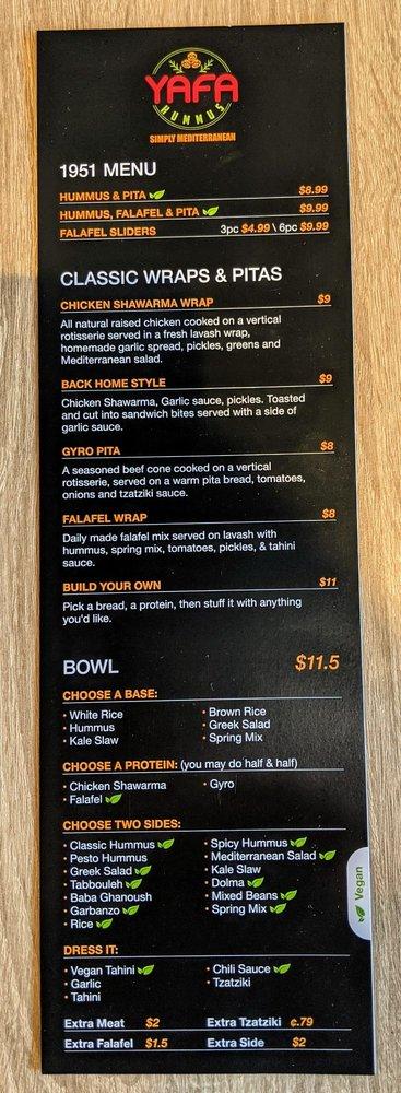 Menu at Yafa Hummus restaurant, Livermore