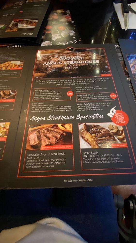 Menu at Angus Steakhouse Leicester Square, London, 20 Cranbourn St