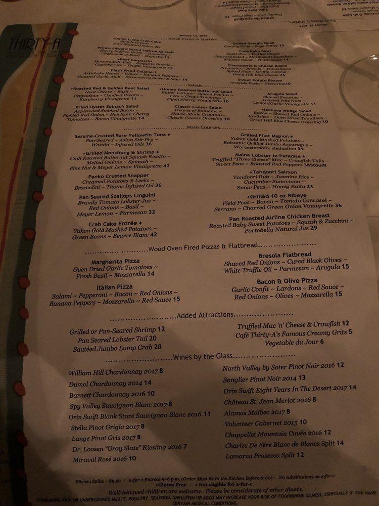 Menu at Cafe Thirty-A, Seagrove Beach, E County Hwy 30A