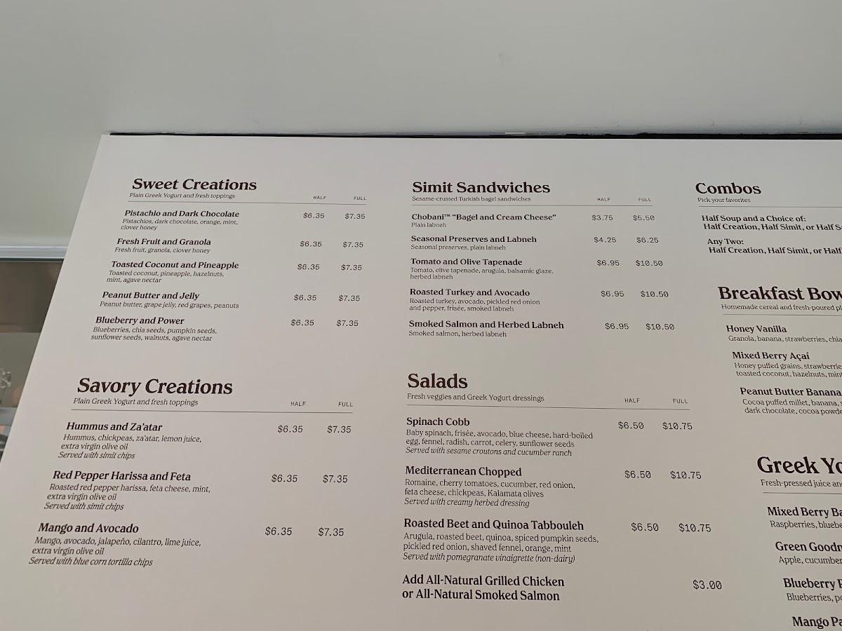 Menu at Chobani SoHo cafe, New York City, 152 Prince St